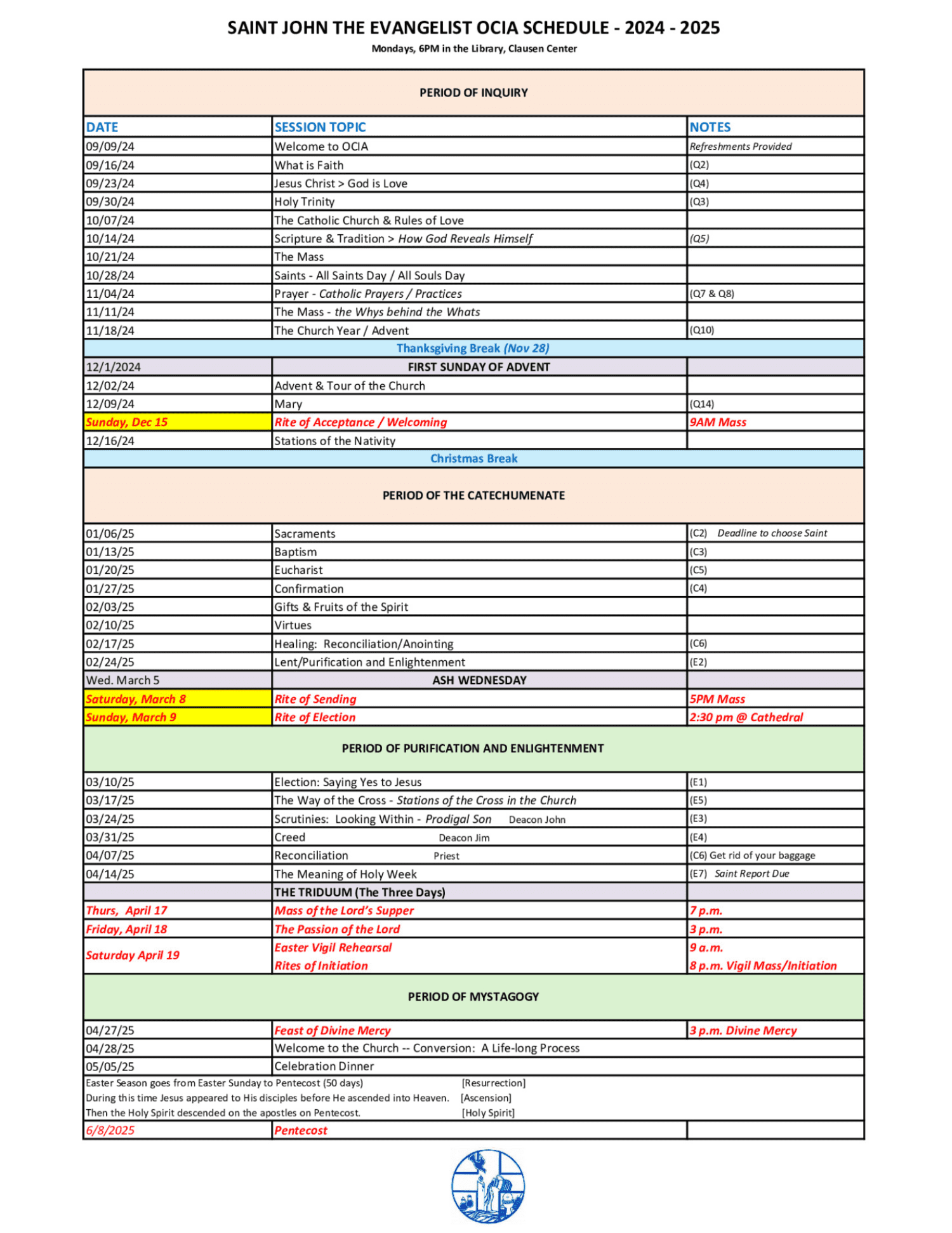 2024-2025 OCIA Schedule – St. John the Evangelist